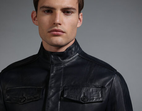 Blue Men's navy leather field jacket | Bikkembergs