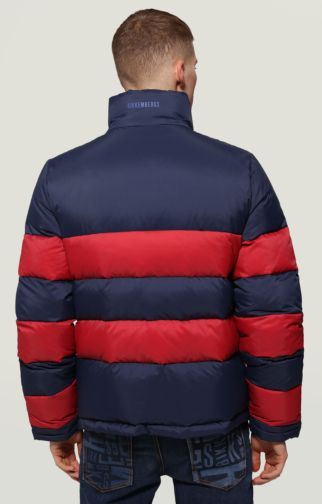 Blue Men's puffer jacket with stripes | Bikkembergs