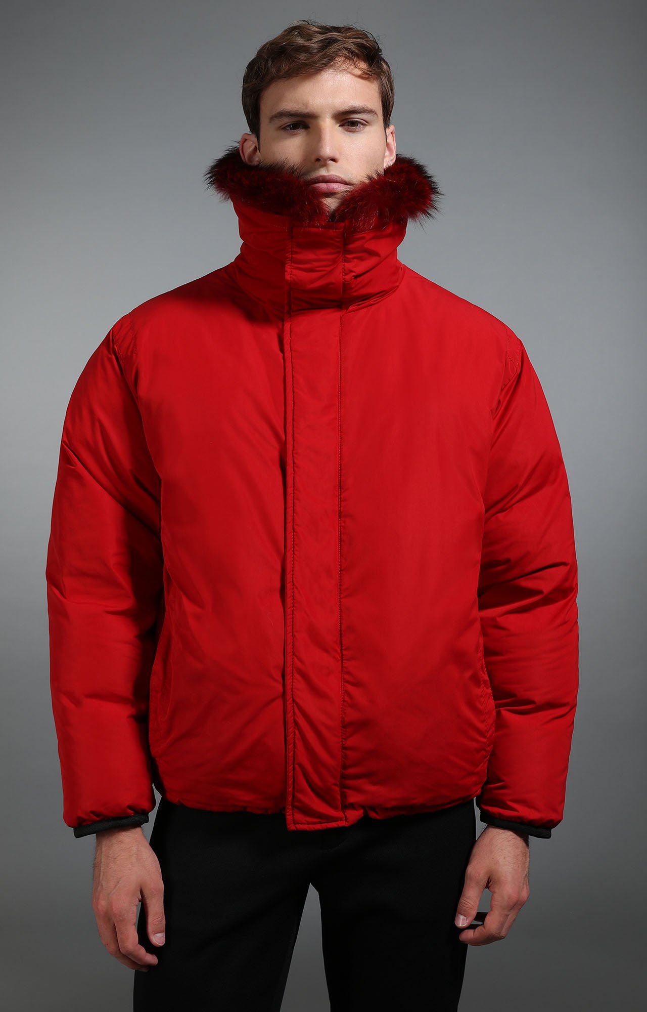 Red Men's red down jacket with fur trim collar | Bikkembergs